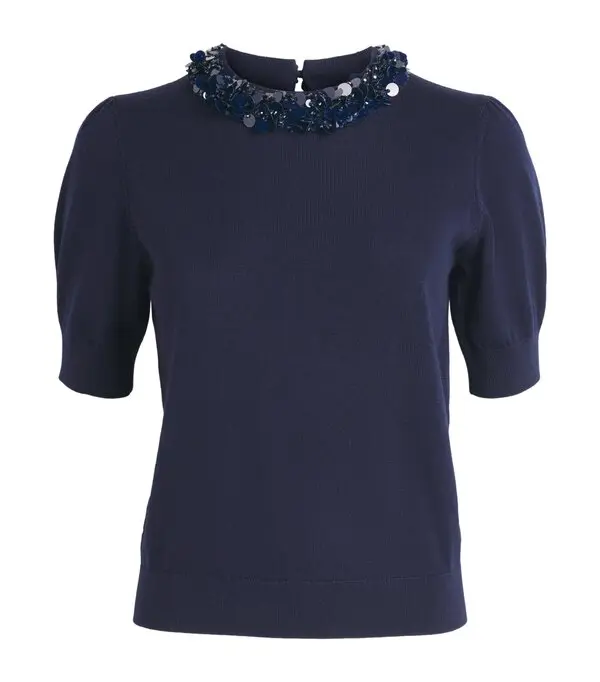 Ulla Johnson Merino Wool Sequin Embellished T-shirt - Navy