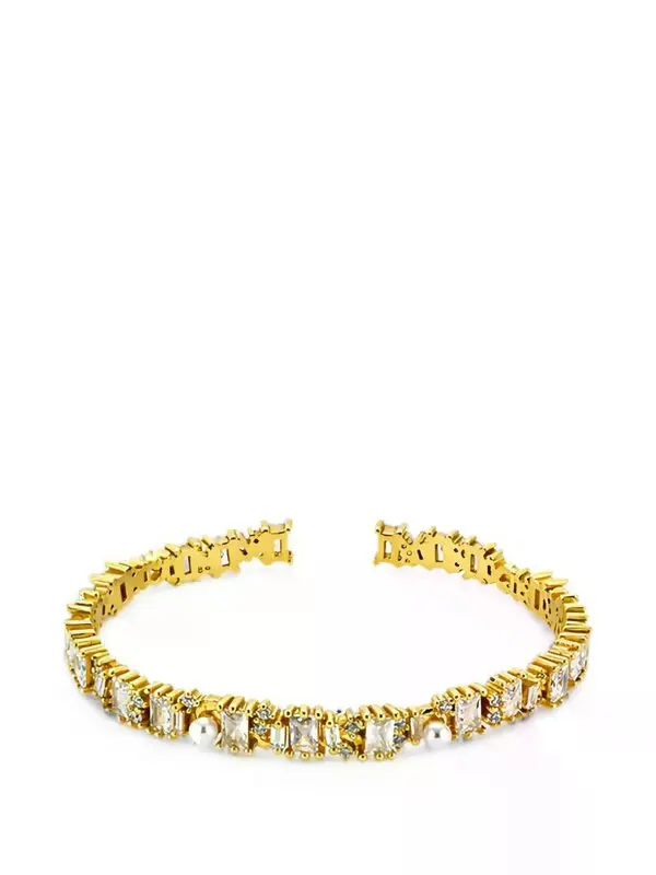 VELORA VIE Baguette-cut Zircon Pearl Cuff Bracelet - Gold