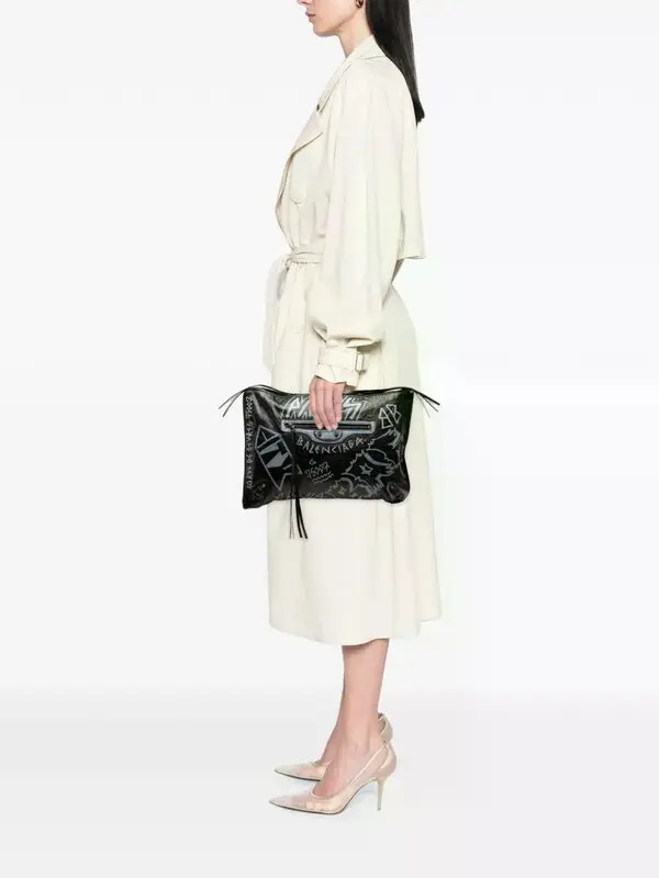 Balenciaga 2018 Lambskin Motocross Classic Graffiti All Over Zip Around Flat Clutch Bag - Black