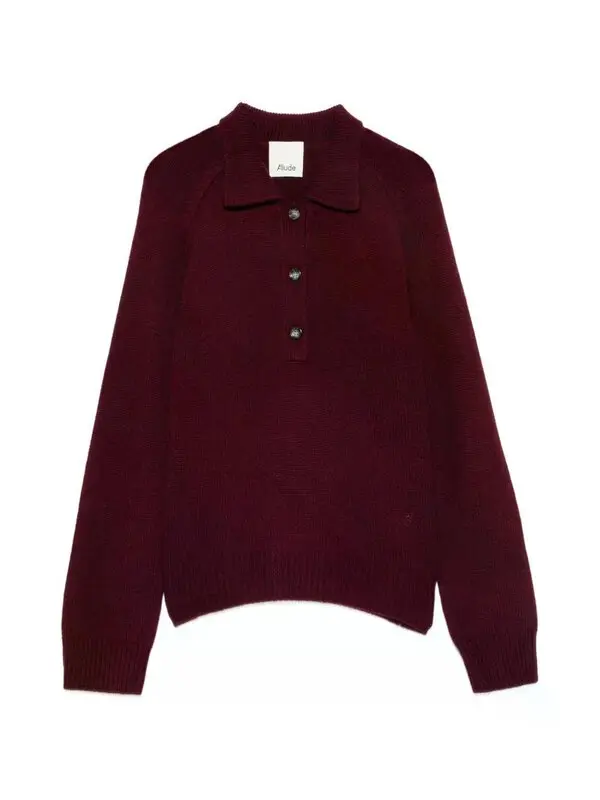ALLUDE Burgundy Waffle Knit Polo Collar Button-up Sweater