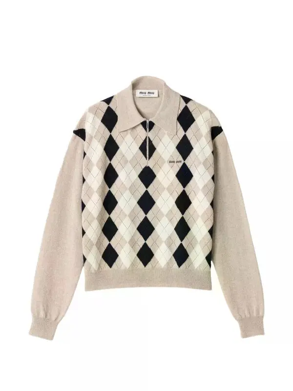 Miu Miu Argyle Pattern Cashmere Polo Sweater - Neutrals