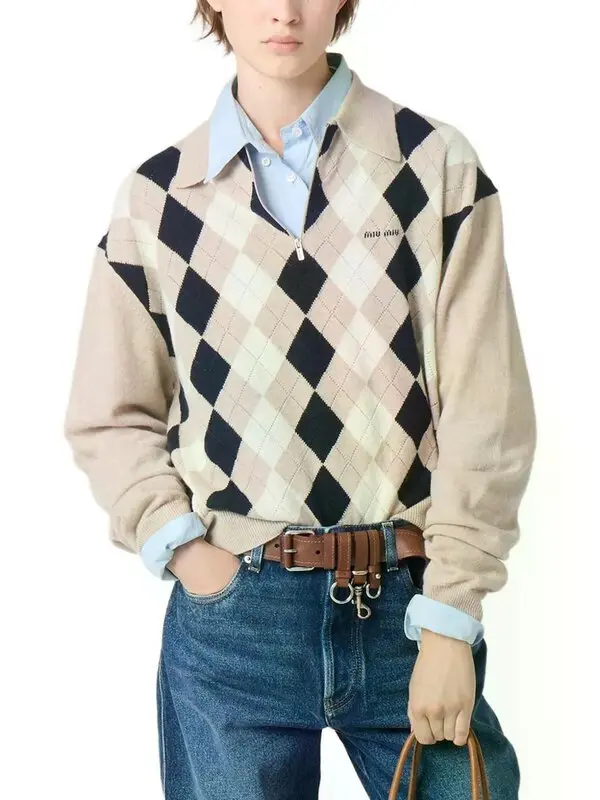 Miu Miu Argyle Intarsia Quarter-zip Cashmere Sweater