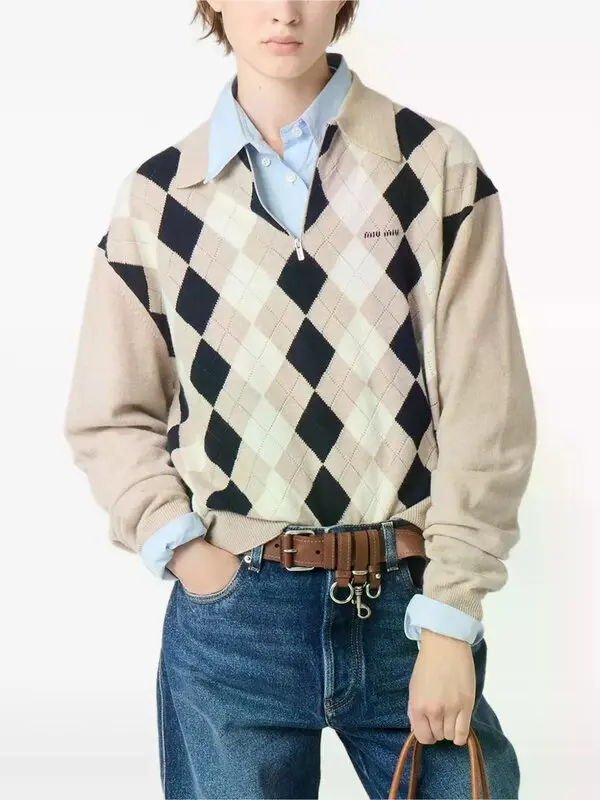 Miu Miu Argyle Intarsia Quarter-zip Cashmere Sweater - Neutrals
