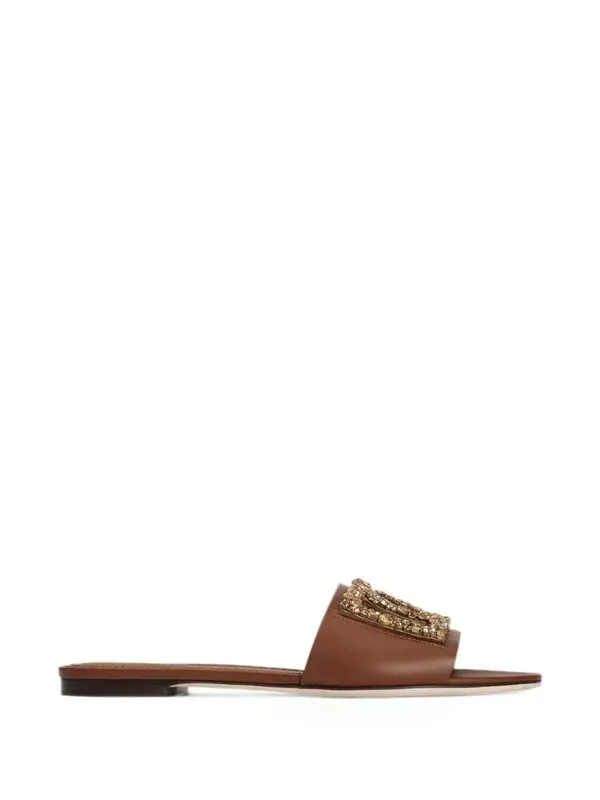 Dolce & Gabbana Flat Slides In Calfskin With Embroidery - Brown