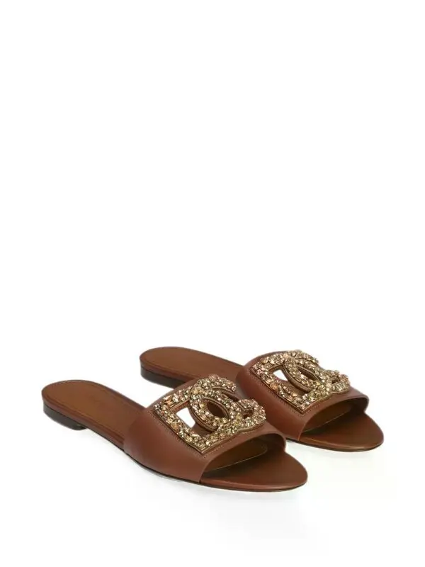Dolce & Gabbana Flat Slides In Calfskin With Embroidery - Brown