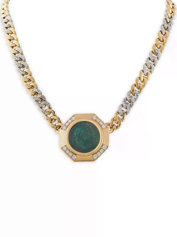 BVLGARI 18k Yellow Diamond Pavé-set Ancient Roman Coin Octagonal Pendant Necklace - Gold