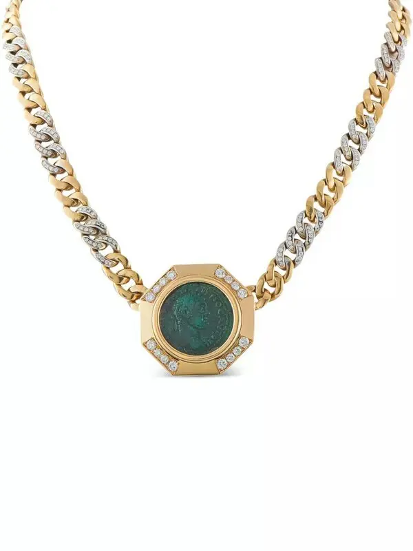 BVLGARI 18k Yellow Diamond Pavé-set Ancient Roman Coin Octagonal Pendant Necklace - Gold