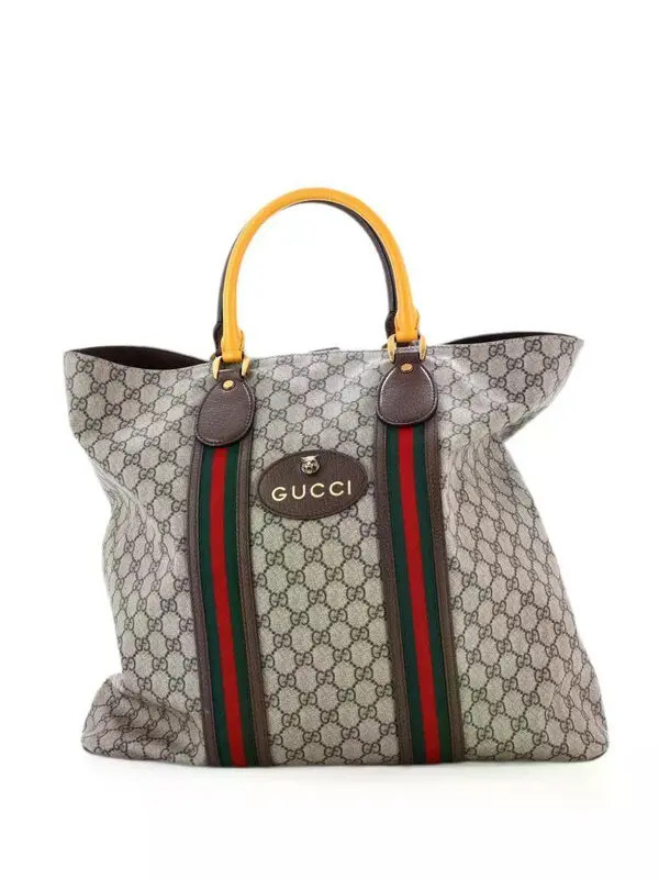 Gucci Neo Vintage Web Soft Tote Gg Coated Canvas Tall Satchel - Brown