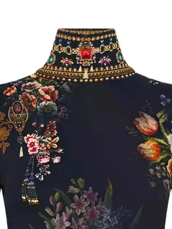 Camilla Floral Print Embellished Turtleneck Top - Black