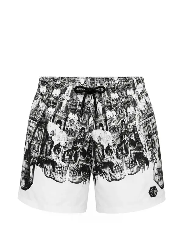 Philipp Plein Skull Hotel Print Swimming Shorts - White