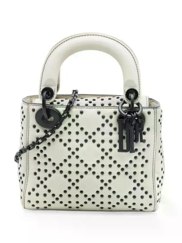 Dior 2018 Mini Lambskin Cannage Studded Supple Lady Satchel - White