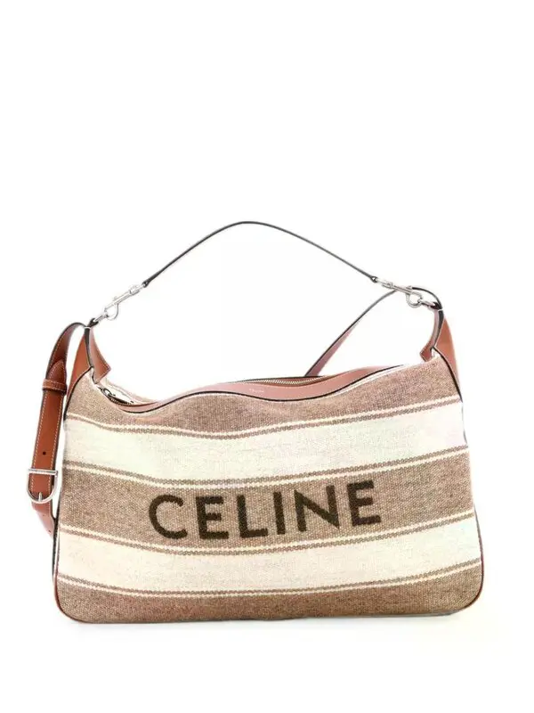 Celine Romy Striped Canvas Large Shoulder Bag - Brown