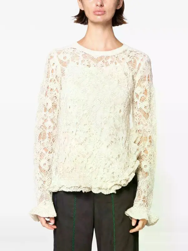 MULLER OF YOSHIOKUBO Crochet Knit Ruffled Top - Neutrals