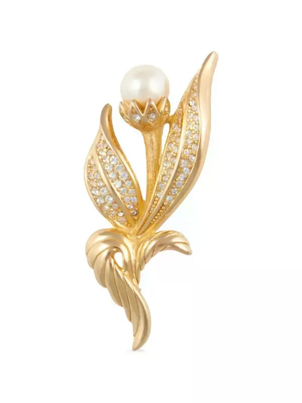 Dior 1980s Faux Pearl And Crystal Brooch - Gold
