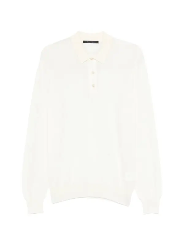 Tagliatore Long Sleeve Knit Polo Shirt In 100% Virgin Wool, Made In Italy - Bianco