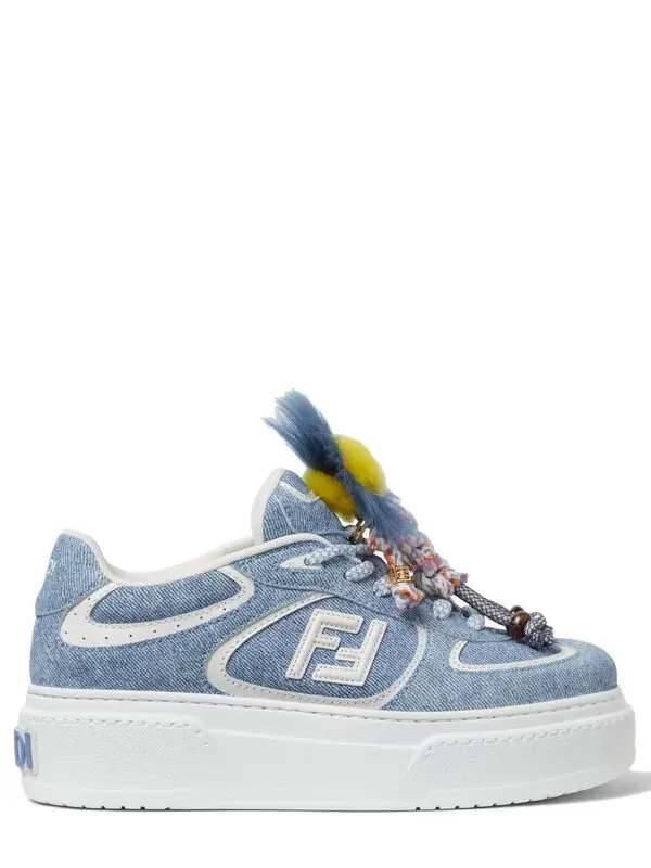 Fendi Denim-effect Suede Platform Sneakers With Ff Appliqué And Charm Detail