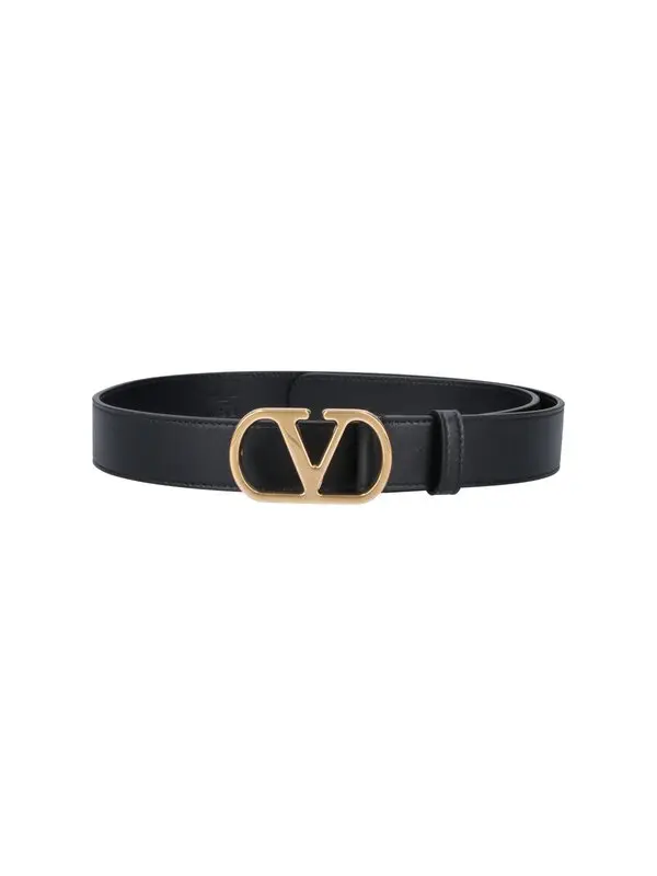 Valentino Garavani Leather Belt With V Logo Buckle - Black