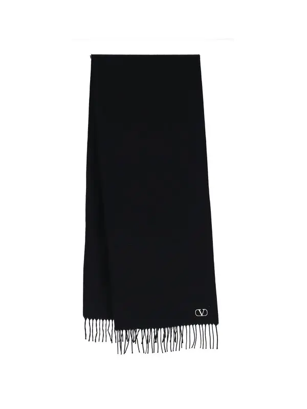 Valentino Garavani Vlogo Fringed Scarf In Virgin Wool - Black