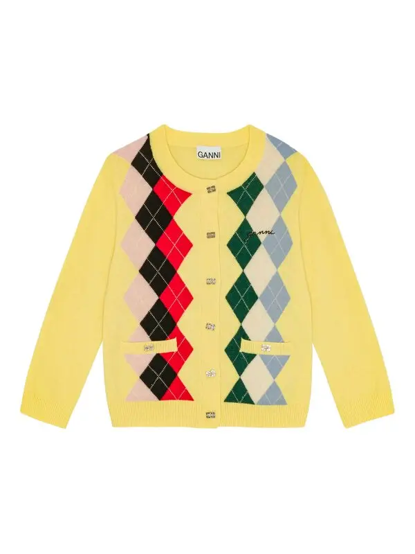 GANNI Round-neck Long-sleeve Cardigan With Checkered Pattern, Silver Button Closure & Pockets - Giallo