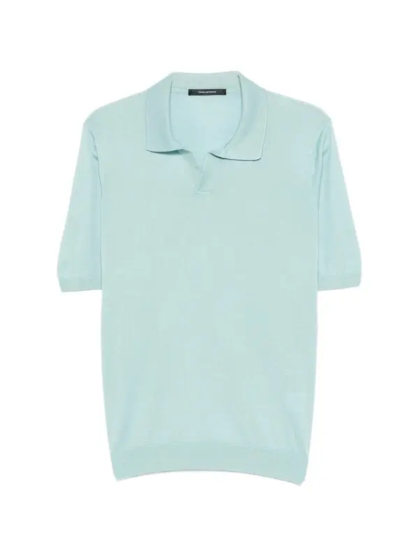 Tagliatore Polo-collar Silk Shirt With Slit Neckline, Short Sleeves & Ribbed Trim - Azzurro
