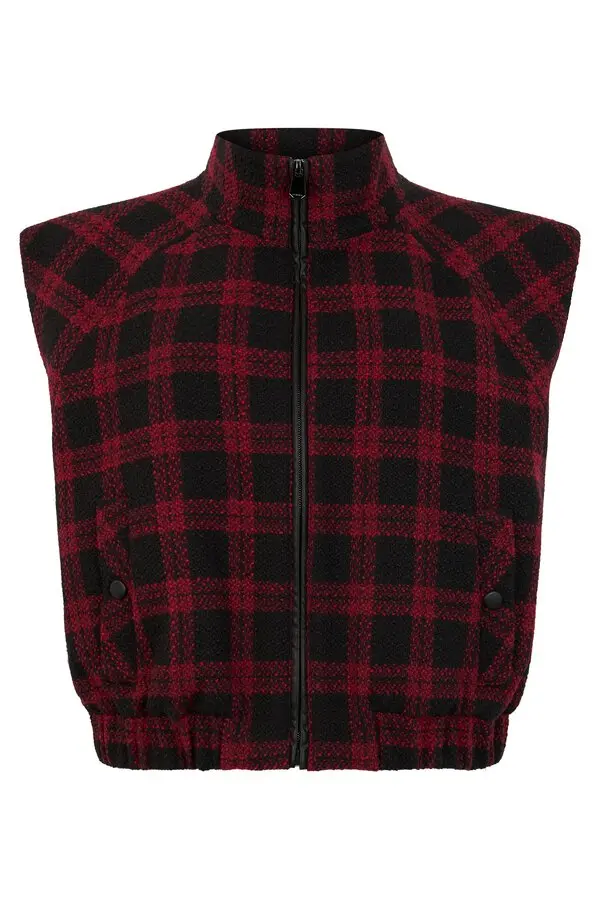 Pinko Sleeveless Checkered High-neck Zip Vest - Red