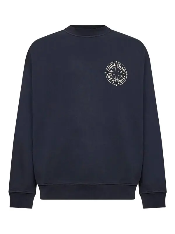 Stone Island Ribbed Neckline Compass Logo Sweatshirt With Raised Chest Print And Back Motif - Blu