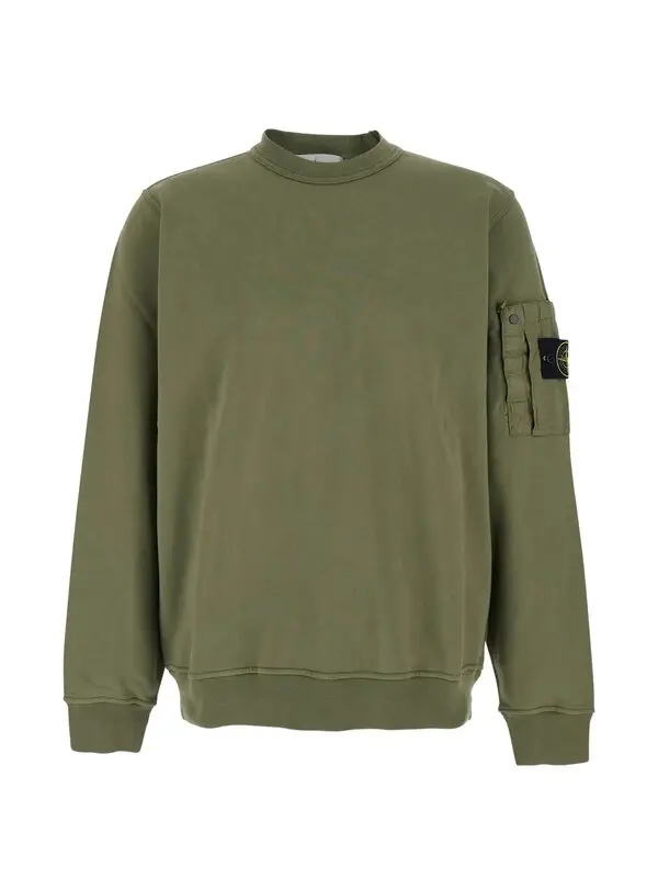 Stone Island 100% Cotton Ribbed Knit Sweatshirt With Elasticized Neckline, Sleeve Pocket - Verde