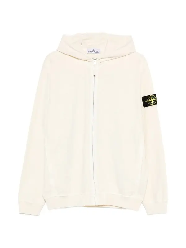 Stone Island Cotton Zip-up Hoodie With Vertical Welt Hand Pockets - Bianco