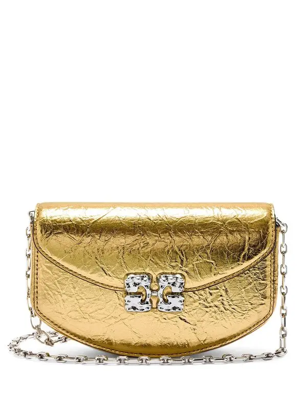 GANNI Mini Crushed Metallic Texture Bag With Removable Chain Strap, Card Pocket & Snap Closure
