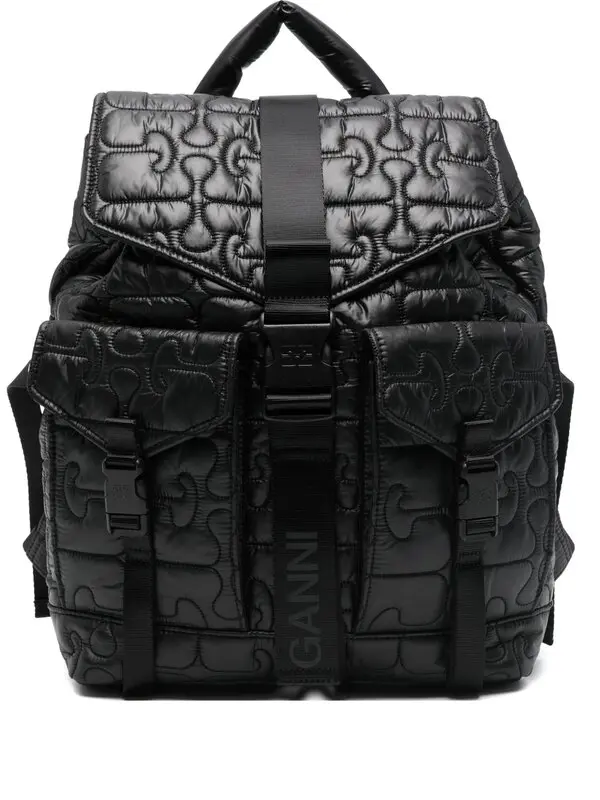 GANNI Quilted Mini Backpack With Drawstring And Buckle Closure, Adjustable Straps - Nero