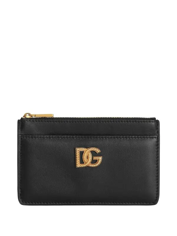 Dolce & Gabbana Mini Leather Wallet With Zip Closure, Vintage Brass Plating & Dg Torchon Logo - Nero
