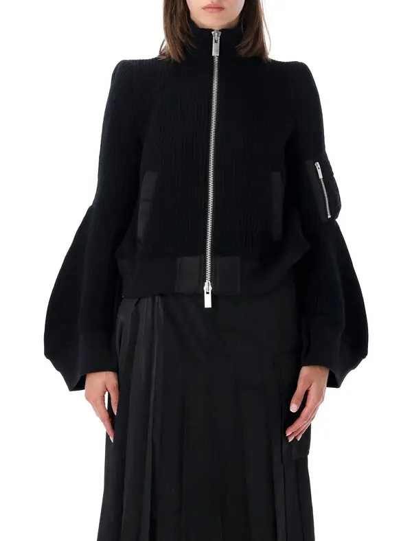 Sacai Ribbed Knit And Twill Blouson Jacket - Nero