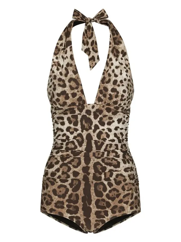 Dolce & Gabbana Leopard Print Ruched Halterneck Bikini Top - Marrone