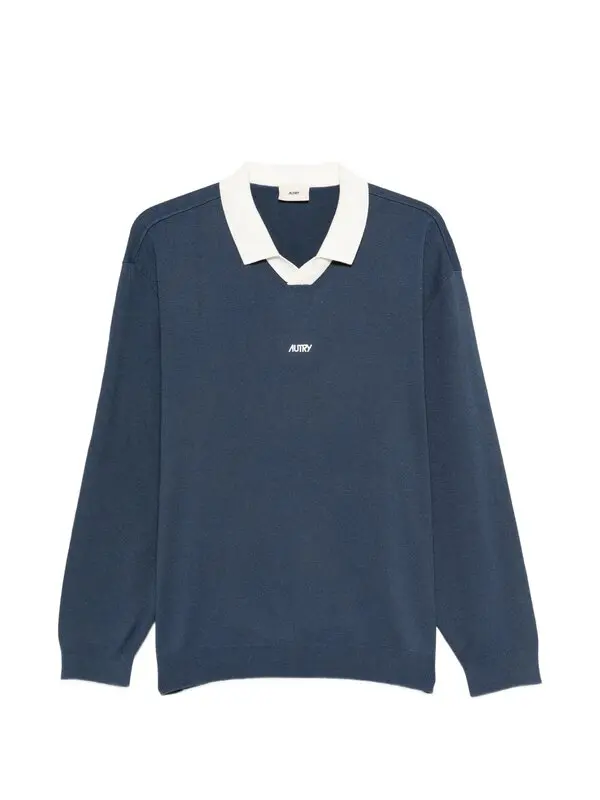 AUTRY Front Embroidered Logo T-shirt With Contrast Neckline And Ribbed Hems - Blu