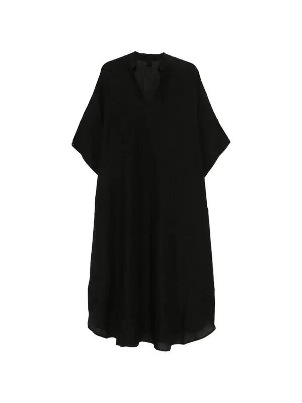 120% Lino 100% Linen V-neck Kaftan Dress With Side Slits - Nero