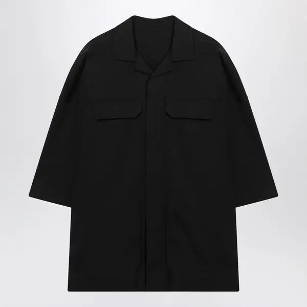 Rick Owens Camp Collar Shirt With Concealed Button Placket, Drop Shoulder & Chest Pockets - Nero