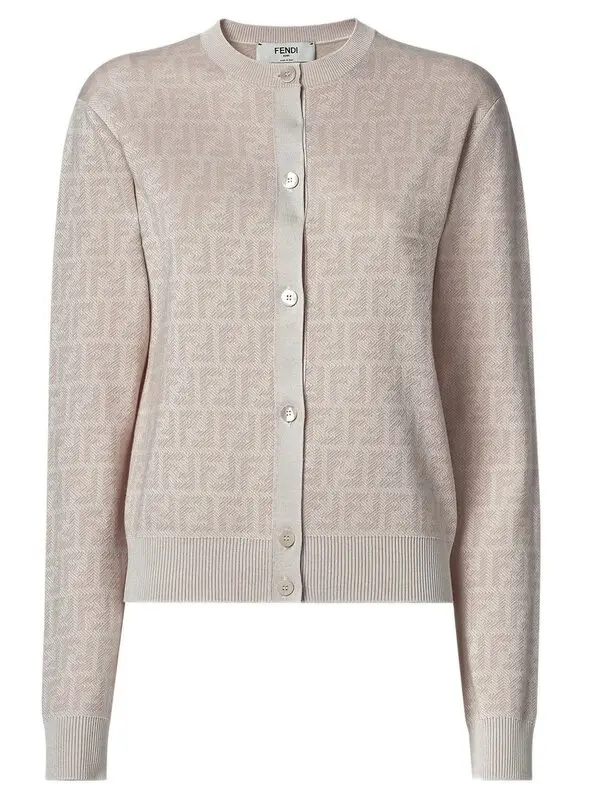 Fendi Long-sleeve Slim-fit Crew-neck Wool Cardigan With Jacquard Ff Motif And Mother-of-pearl Buttons - Rosa
