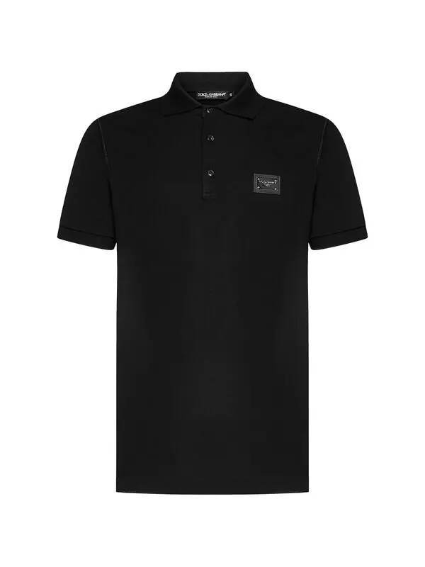 Dolce & Gabbana Cotton Polo Shirt With Front Buttons And Logo Metal Plaque - Nero