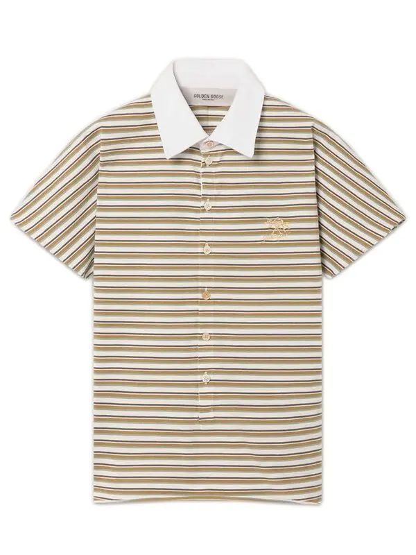 GOLDEN GOOSE Striped Polo T-shirt With Oxford Collar And Embroidered Logo - Bianco