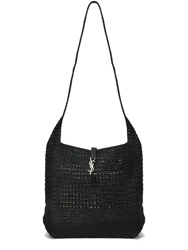 Saint Laurent Raffia Shoulder Bag With Intertwined Metal Logo - Nero