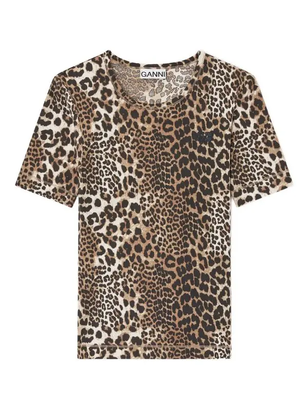 GANNI Leopard Print T-shirt With Chest Logo - Marrone