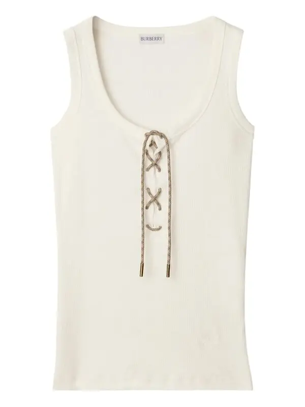 Burberry Ribbed Cotton-blend Tank Top With Equestrian Knight Hem Embroidery And Adjustable Check Drawstring - Bianco