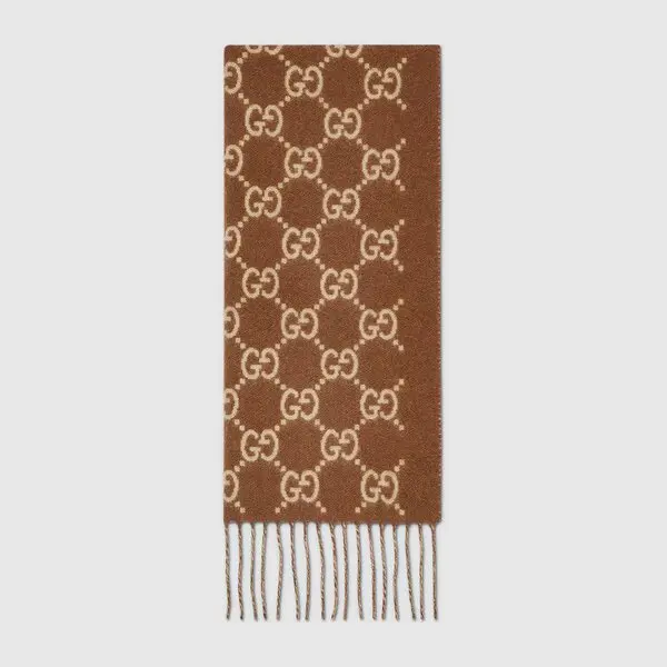 Gucci Cashmere Gg Fringed Scarf - Marrone