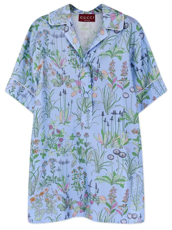 Gucci Silk Bowling-collar Short-sleeve Top - Azzurro