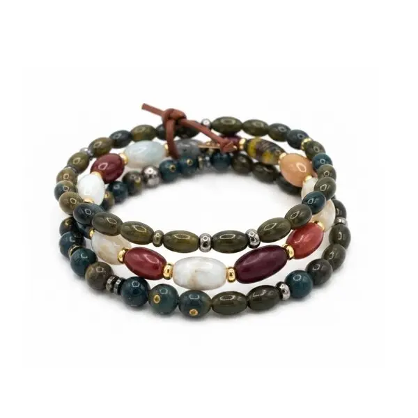 JAREDJAMIN Silvan Olive Wood & Oval Gemstone Stackable Bracelet Set