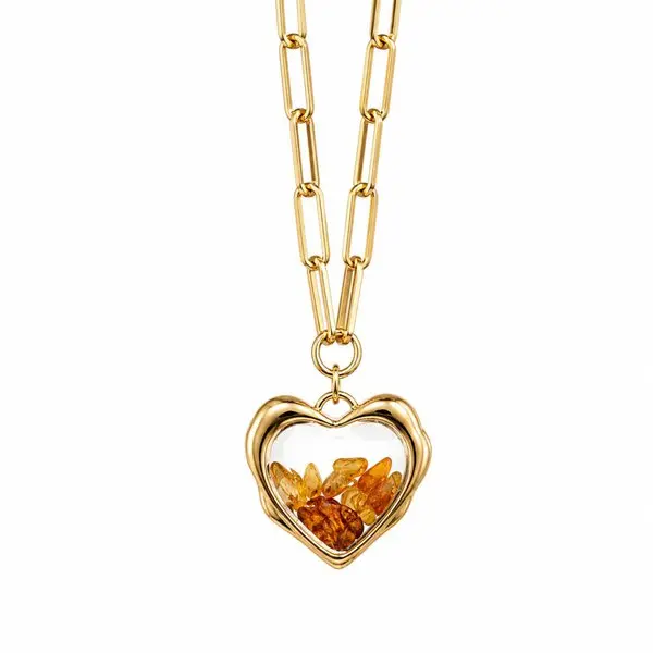 MY LITTLE NATURE Orange / Gold Golden Heart Pendant With Natural Amber - Orange/gold