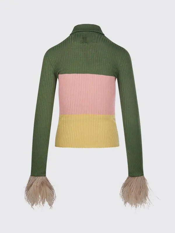 La DoubleJ Turtleneck Knit Top With Feather Cuffs - Multicolor