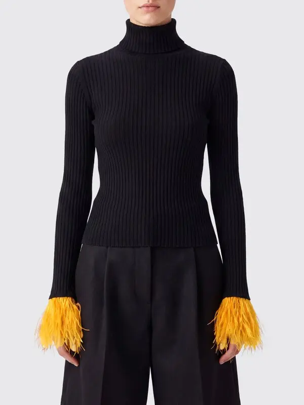 La DoubleJ Ribbed Turtleneck With Feather Cuffs - Black