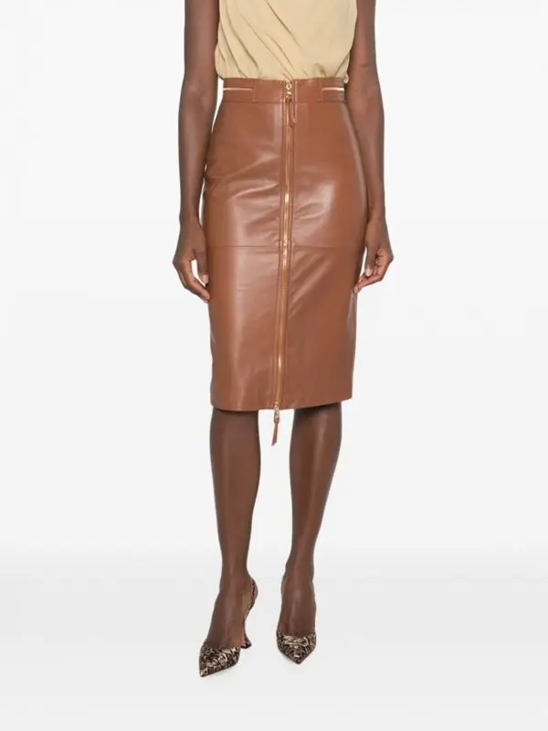 Elisabetta Franchi Lambskin Leather Midi Pencil Skirt With Two-way Zipper - Tobacco