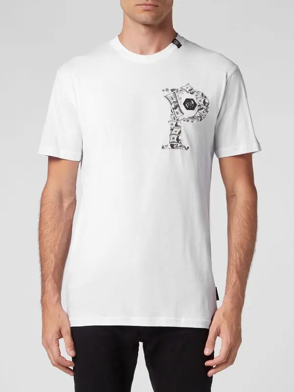 Philipp Plein Slim Fit Cotton T-shirt With Monogram Print And Hexagon Logo - White